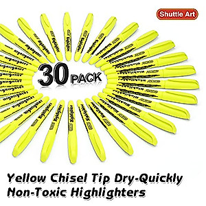 Shuttle Art Yellow Highlighters, 30 Pack Highlighters Bright Colors, Chisel Tip Dry-Quickly Non-Toxic Highlighter markers for Adults Kids Highlighting in Home School Office