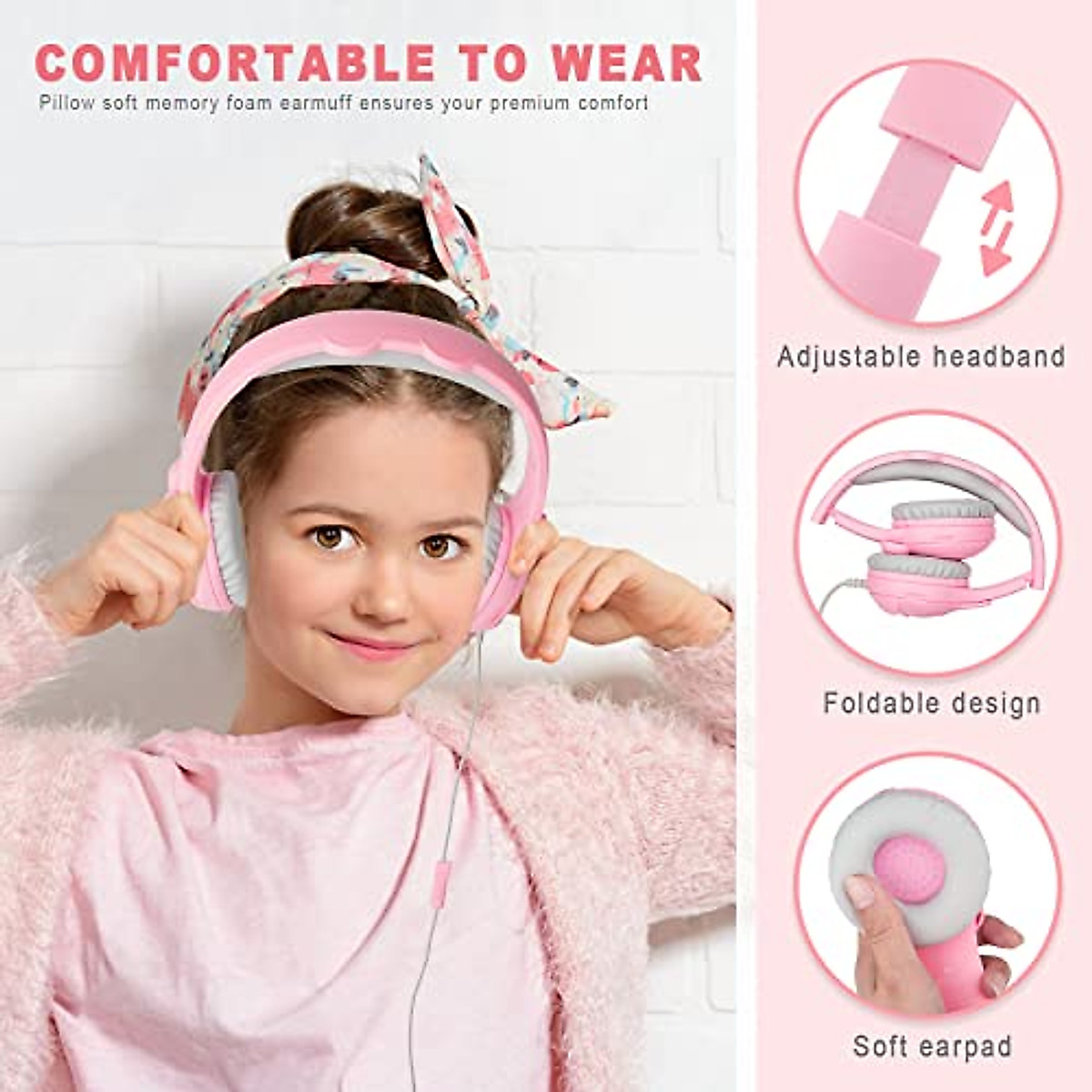 Kids Headphones with Microphone, HD Stereo Safe Volume Limited 85dB/94dB Foldable Lightweight Over Ear Headphone with Audio Sharing Port for Online School/Travel/iPad/PC/Mac/Android/Kindle (Pink B)