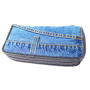 Bijoux de Ja Women Blue Denim Money Double Zipper Around Accordion Wallet Wristlet Purse Clutch DMW015