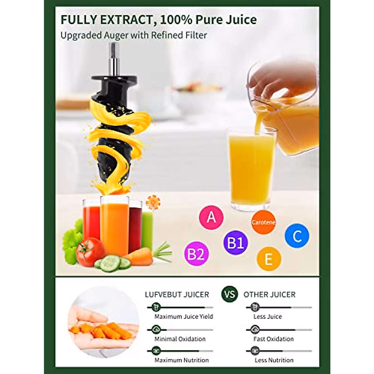 Vegetable Juicers for Celery Wheatgrass Ginger Beets, Fruit Juicer Machines Slow Masticating Juicer Cold Press Juice Extractor Pulp Separated, Quiet Motor, BPA Free, Dishwasher Safe, Easy To Clean