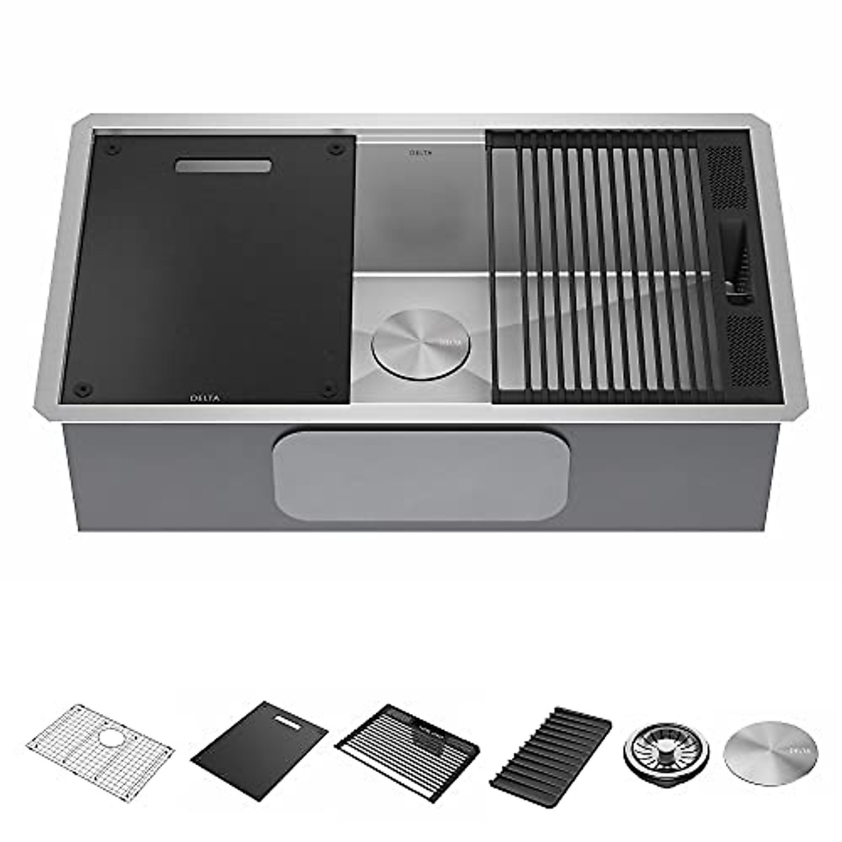 DELTA Rivet 32-Inch Workstation Kitchen Sink Undermount 16 Gauge Stainless Steel Single Bowl with WorkFlow Ledge and Chef’s Kit of 6 Accessories, 95B931-32S-SS