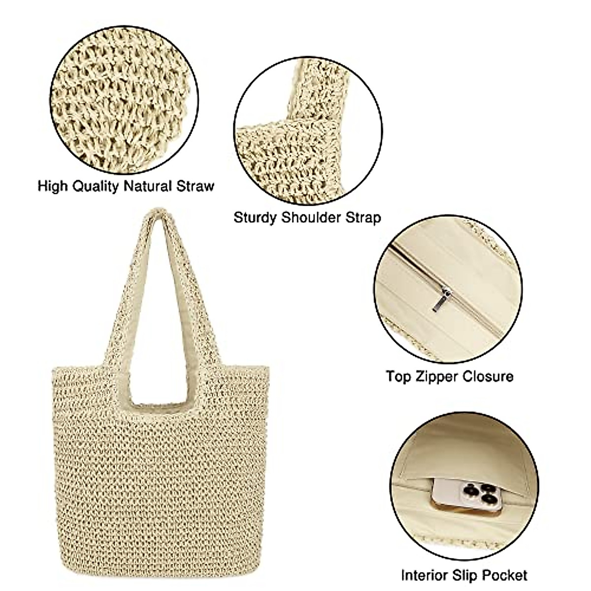 Women Large Straw Beach Bag Handmade Woven Shoulder Bags Hobo Tote Handbag Purse for Summer (A Beige)