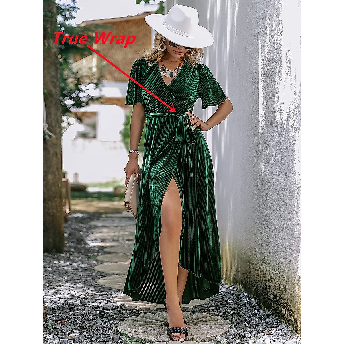 BerryGo Women's Semi Formal Velvet Wrap Dress Prom Cocktail Short Sleeve Swing Long Maxi Dress Emerald Green S