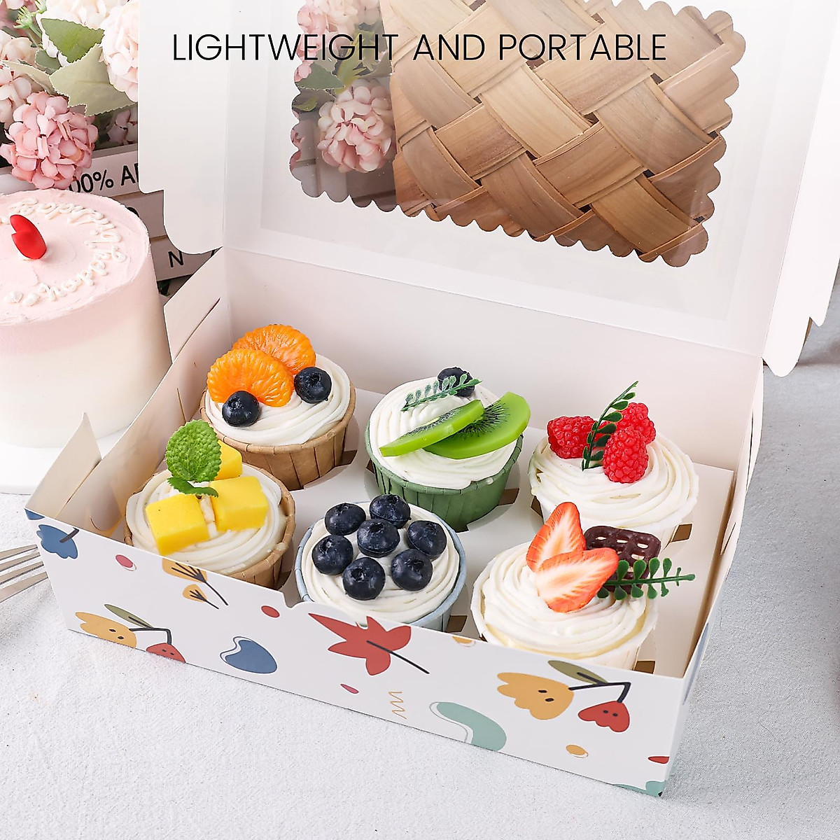 JOHOUSE 6 Count Cupcake Boxes, 6 Sets Cupcake Container with Windows and Inserts Bakery Boxes for Cupcakes Muffins Cookies 9.5" x 6.3" x 3"