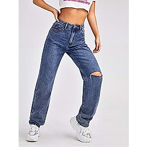 SweatyRocks Women's High Waist Slant Pocket Denim Jeans Ripped Straight Leg Pants Blue L