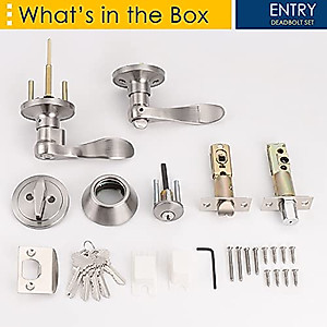 2 Pack Keyed Alike Entry Lever Door Handle and Single Cylinder Deadbolt Lock with Same Keys, Wave Style Locking Lever Handle Set [Front Door or Office] Right & Left Sided Doors, Satin Nickel