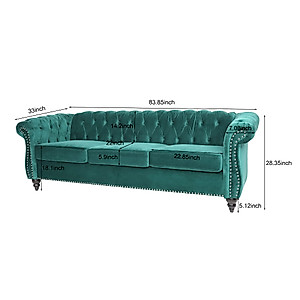 ONCIN Velvet Chesterfield Sofa, 84 inch Modern Tufted 3 Seater Couch with Scroll Arms and Wood Legs for Living Room Bedroom (Green)