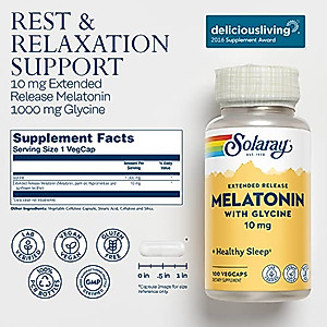 SOLARAY Melatonin 10 mg with Glycine, Extended Release, Healthy Sleep Cycle & Calming Relaxation Support, 100 VegCaps