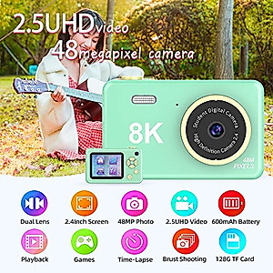 Kids Digital Camera, FHD 1080P Digital Camera for Kids with 32GB SD Card 8X Zoom Compact Point and Shoot Digital Camera, Portable Mini Kids Camera for Teens Students Boys Girls Tweens - Green