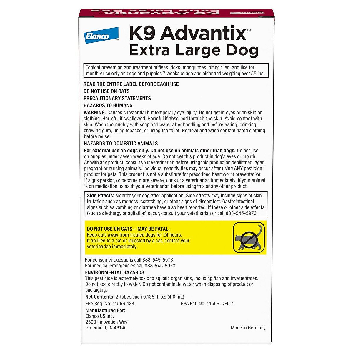 K9 Advantix Flea, Tick & Mosquito Prevention for Dogs Over 55 lbs. | Flea Drops for Extra Large Dogs | Apply Monthly | 2 Treatments