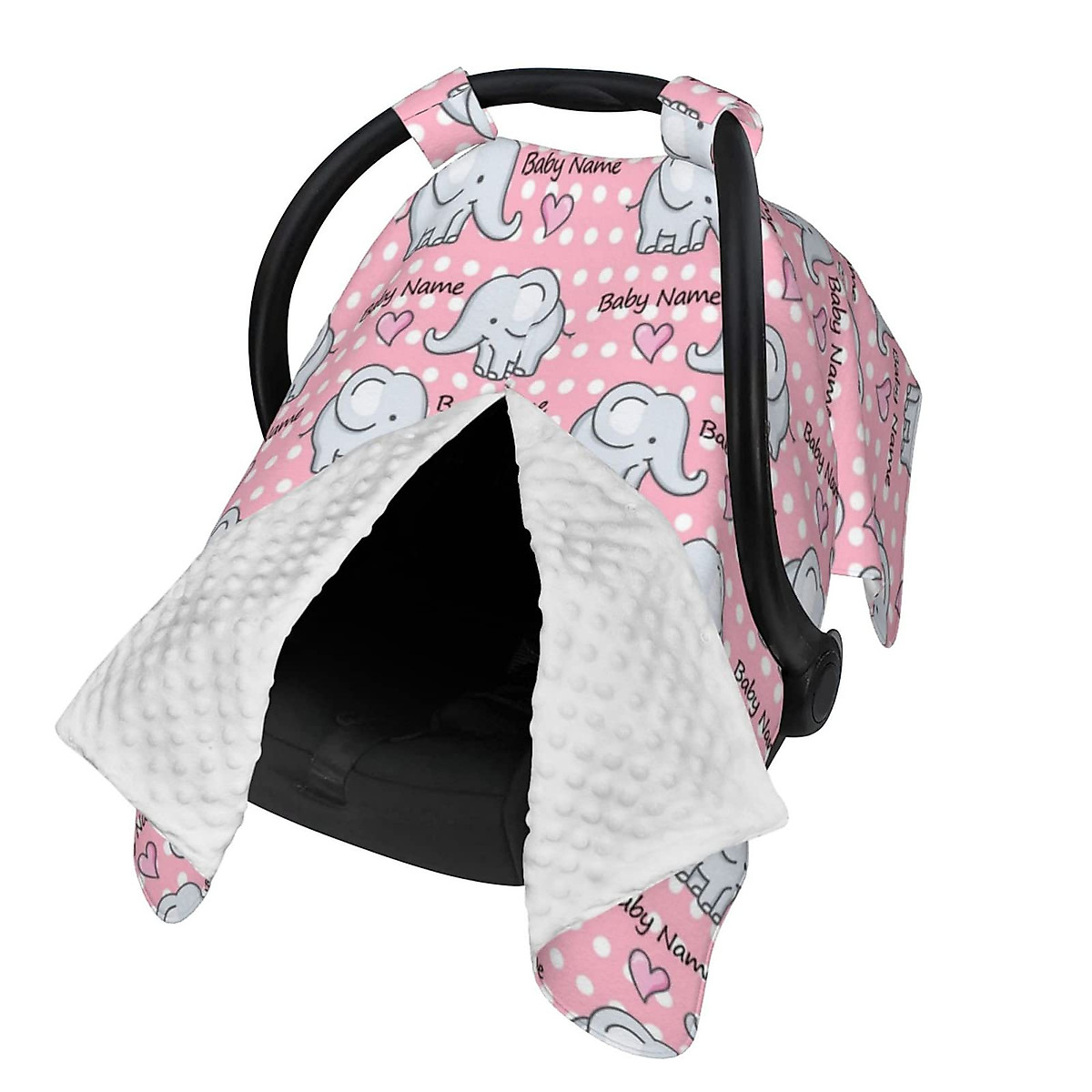 Personalized Elephant Baby Car Seat Canopy for Baby with Name, Custom Light Weight Minky Pink Covers for Baby Kids Girl, Nursing Breastfeeding Stroller Cover Canopies for Newborn