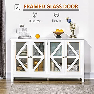 HOMCOM Sideboard, Buffet Cabinet with Tempered Glass Doors and Adjustable Storage Shelf, Credenza, White