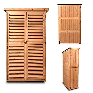 TITIMO 63" Outdoor Garden Storage Shed - Wooden Shutter Design Fir Wood Storage Organizers - Patios Tool Storage Cabinet Lockers for Tools, Lawn Care Equipment, Pool Supplies and Garden Accessories
