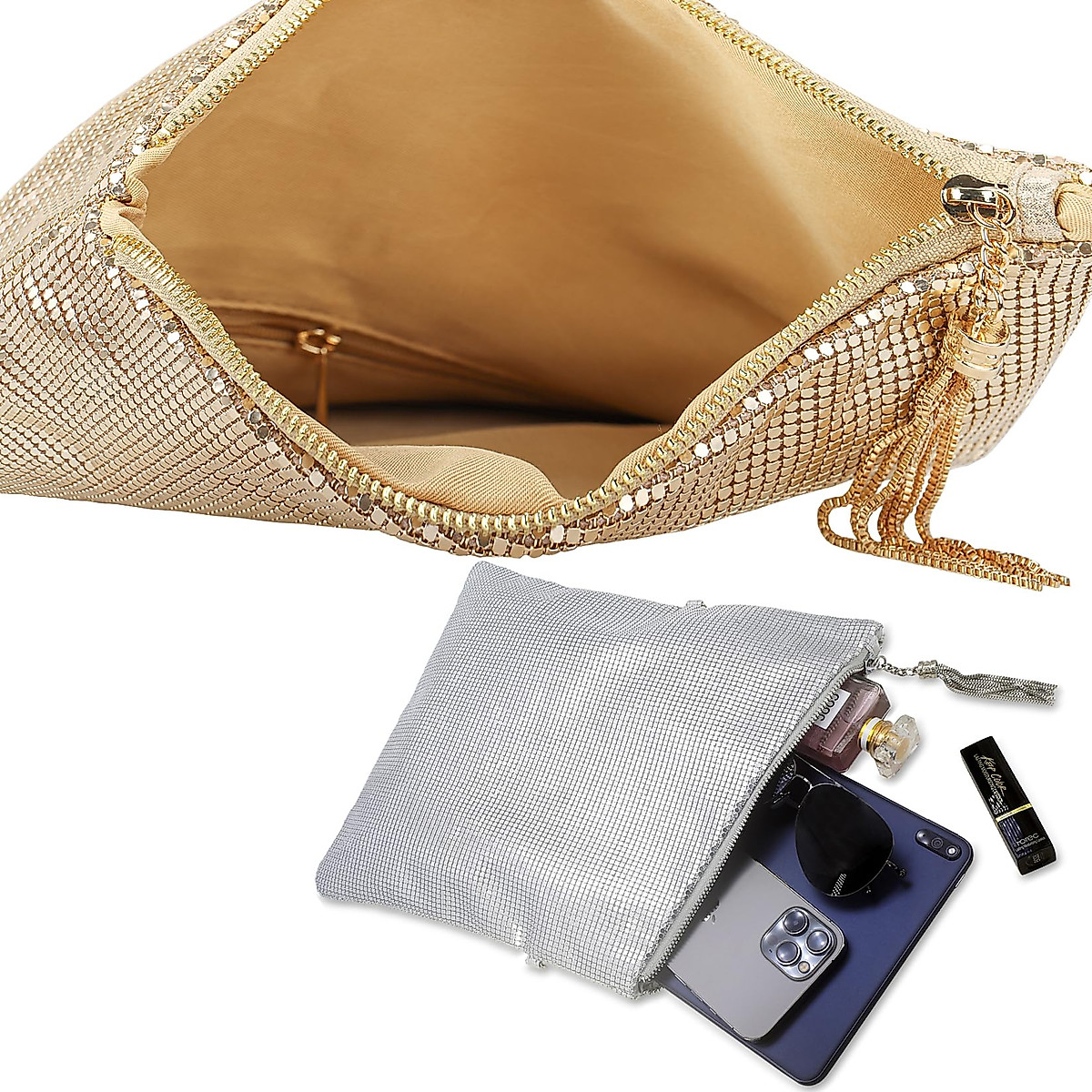 Venoline Large Metal Mesh Evening Clutch Bag Convertible Handbag Tassel Purse Gold