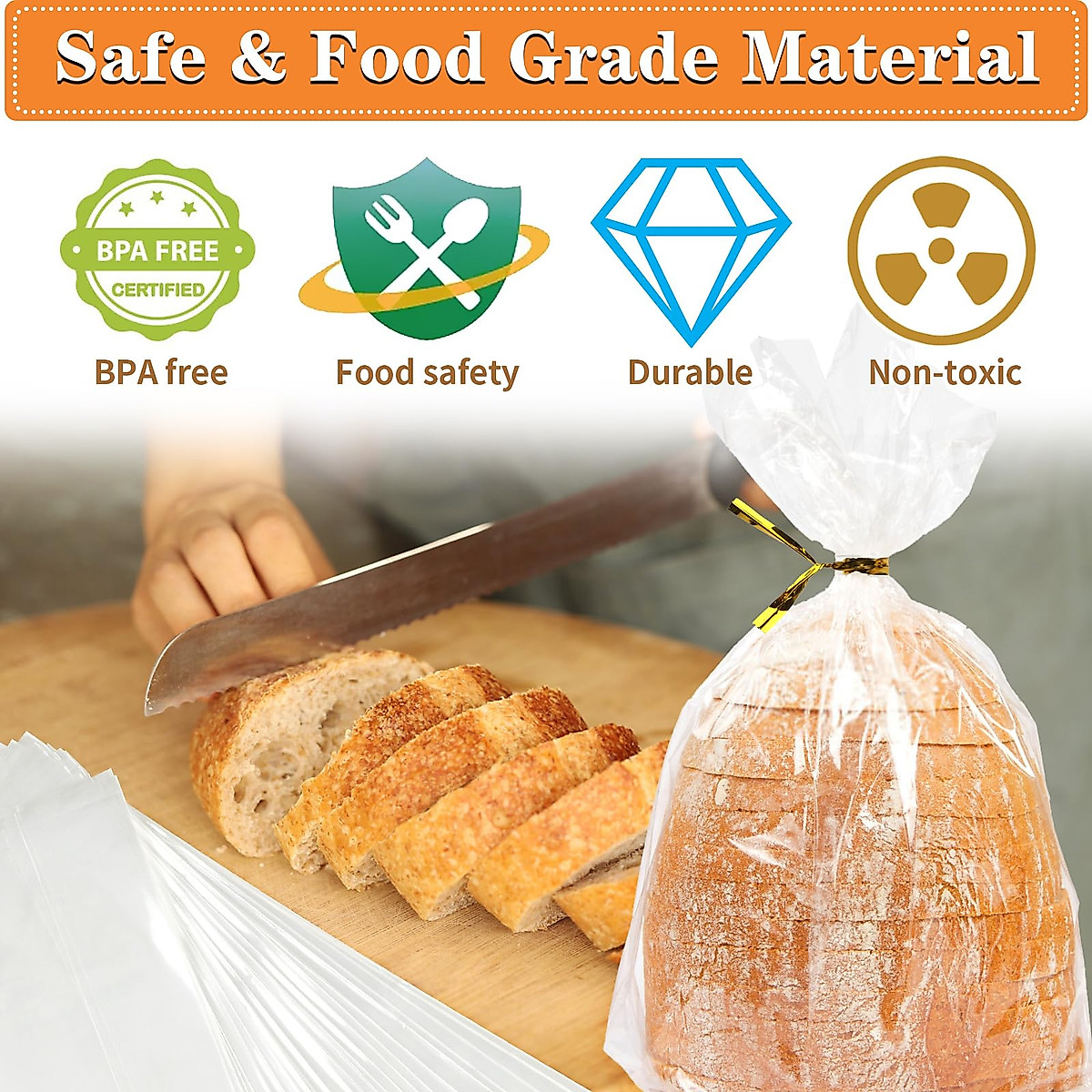 Bread Bags with Ties, 30 Clear Bread Bags for Homemade Bread and 50 Ties, Adjustable Reusable Plastic Bread Bags, Bread Loaf Bags for Home Bakers and Bakery Owners