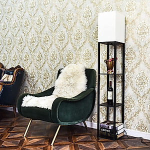 PESRAE Floor Lamp with Shelves by Solid Wood, Modern Shelf Floor Lamp with 3 Color Temperature, Linen Lampshade and Storage Shelves for Living Room, Bedroom, Bulb Included, Matte Black