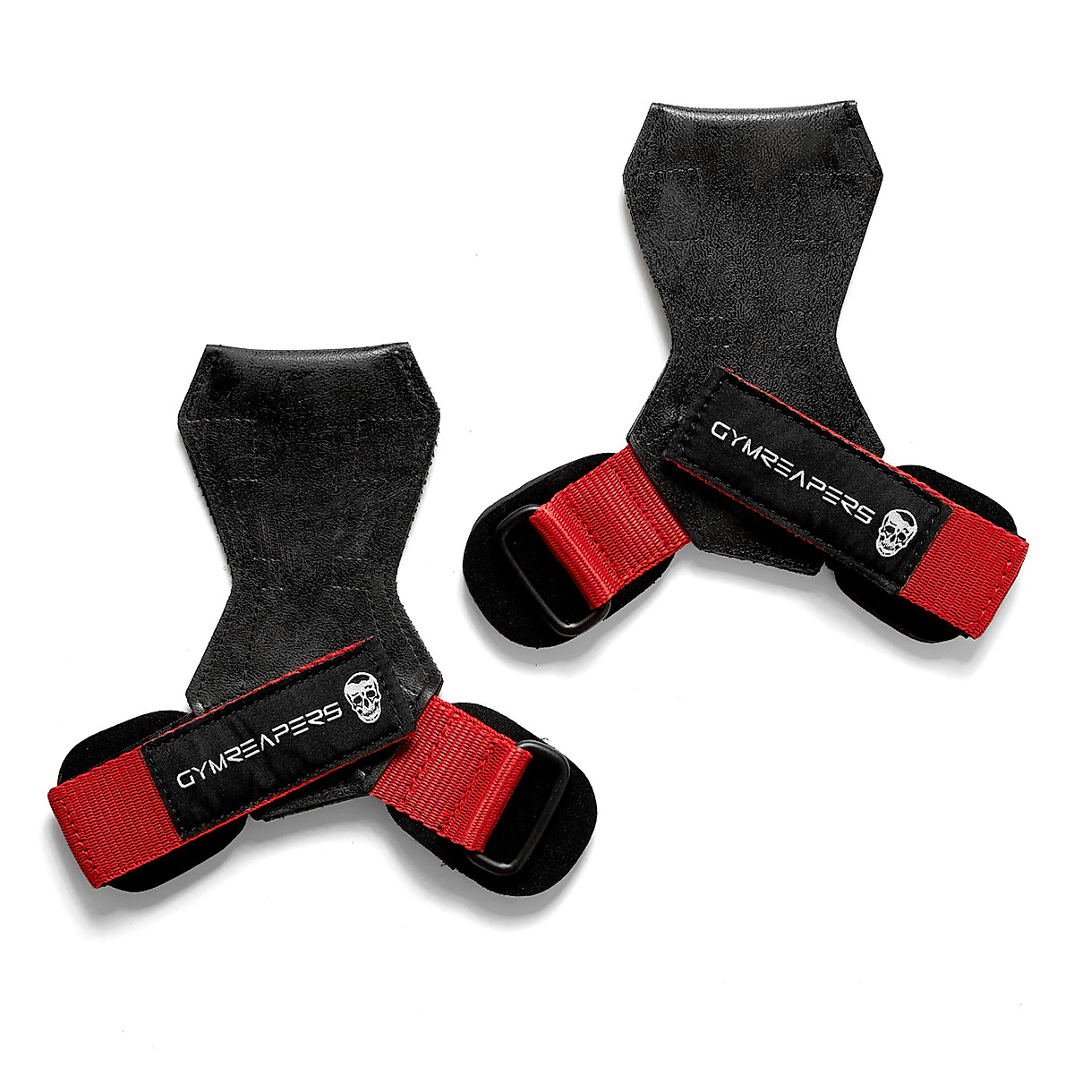 Gymreapers Weight Lifting Grips (Pair) for Heavy Powerlifting, Deadlifts, Rows, Pull Ups, with Neoprene Padded Wrist Wraps Support and Strong Rubber Gloves or Straps for Bodybuilding (Red, Medium)