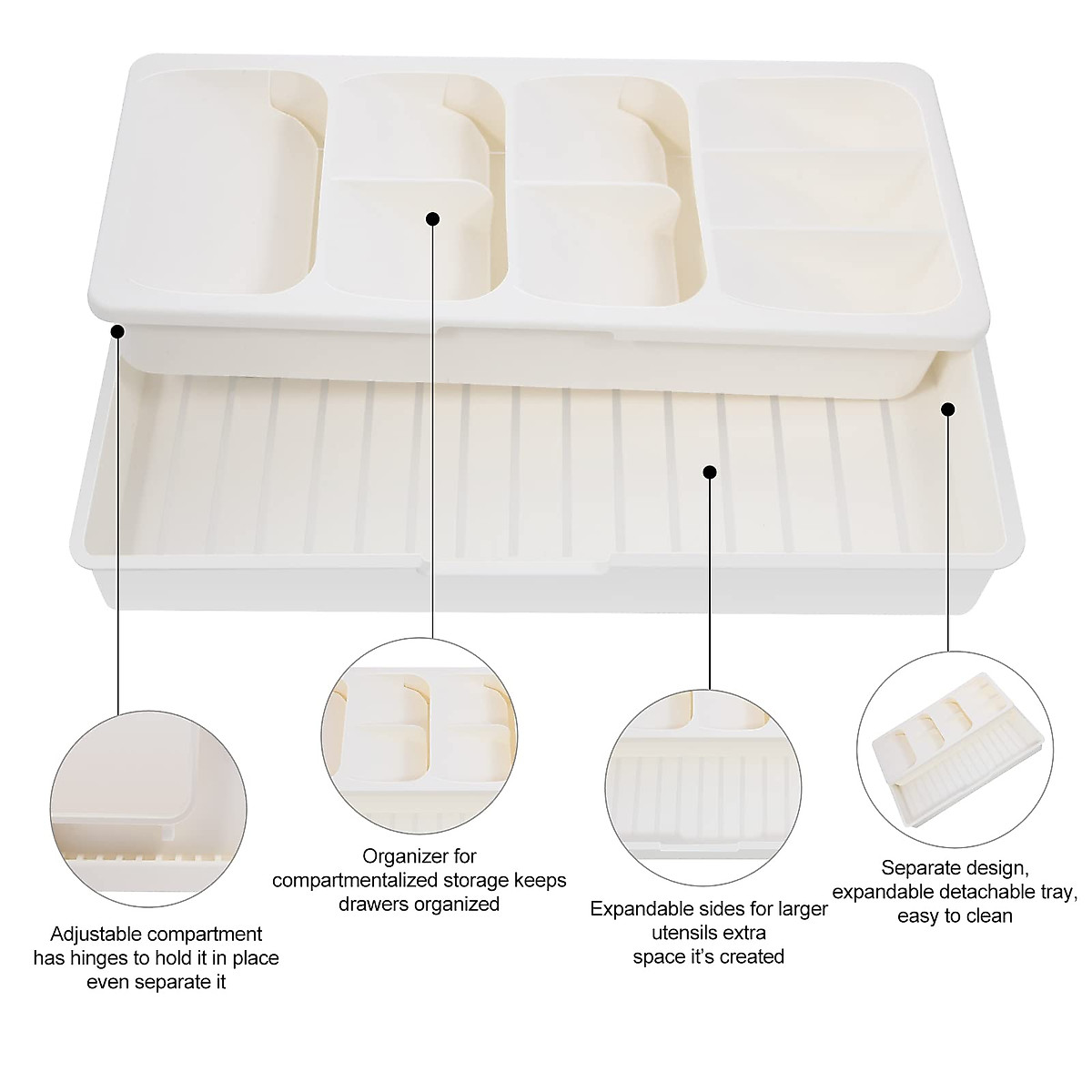 Faridabio Kitchen Drawer Organizer Tray,Expandable Cutlery Silverware Organizer Storage Tray for Kitchen Drawer Flatware Spoons Forks,Creamy White