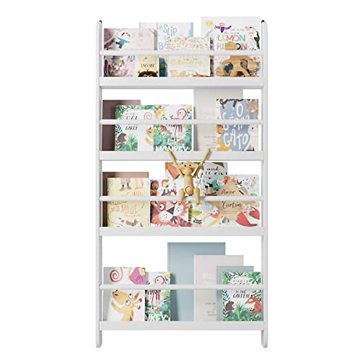 FOTOSOK Kids Bookshelf, Wall Mount 4-Tier Book Shelf Organizer for Toys and Books, Toy Storage Bookshelf in Bedroom, Living Room and Nursery, White