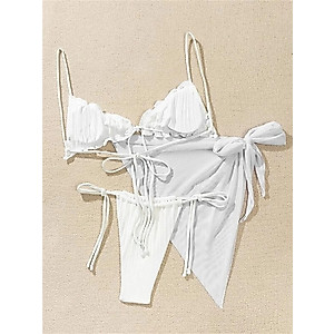 Lilosy Petite Sexy 3 Piece Skirt Cover Ups Bikini Set Ruffle Ribbed G String Tie Triangle Thong Coverups Swimsuit Women High Cut Cheeky Brazilian Bottom Bathing Suit White X-Small