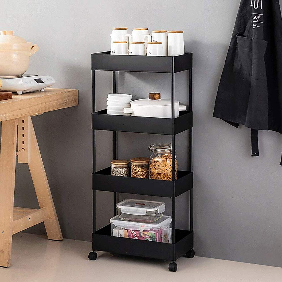 4 Tier Rolling Cart Slim Storage Cart with Wheels Slim Slide-Out Storage Organizer Cart for Kitchen Pantry Living Room Narrow Space, Black