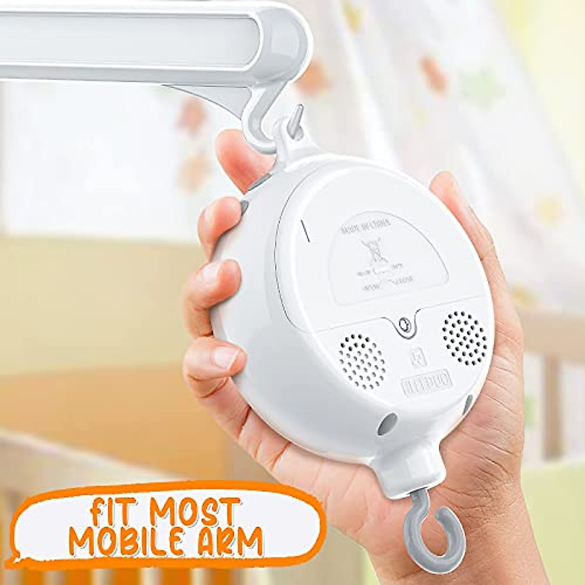 FEISIKE Crib Mobile Motor, Baby Music Box Spinner with 3 Modes（Turn & Music,Turn Only, Music Only) Volume Control,12 Lullabies,Portable Sound Machine,Auto-Off 30 Minutes, Battery Operated