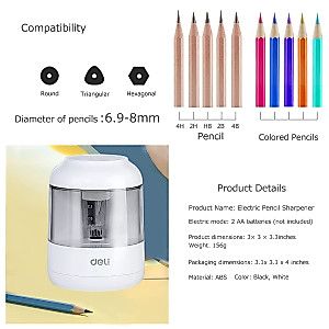 Deli Electric Pencil Sharpener,1 Year Warranty,Suitable for 6-8mm Pencils/ Colored Pencils,5,000 Times for Blade,Children's Gift (Glacier White)
