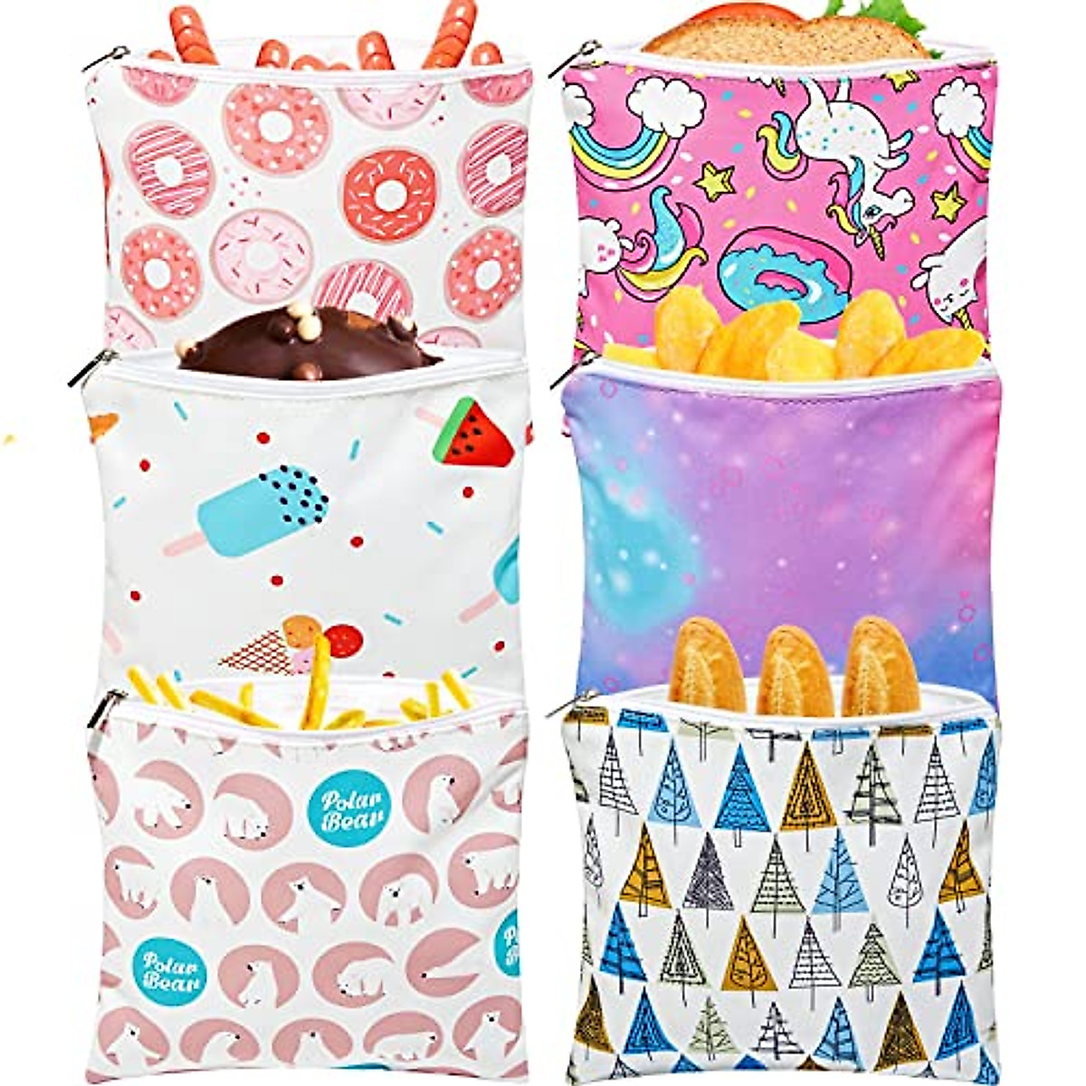 Shappy 6 Pack Reusable Snack Bags Food Safety Washable Lunch Baggies for Kids with Zipper Kids Food Storage Pouch Zipper Dual Layer Bags (7 x 7 Inch) As Shown in Pictures about 7 x 7 inches of each