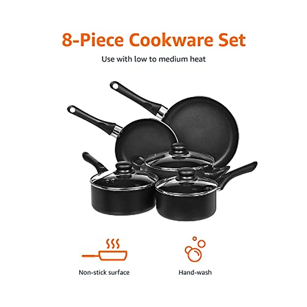 Amazon Basics Non-Stick Cookware Set, Pots and Pans - 8-Piece Set