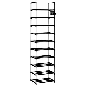 WEXCISE Narrow Shoe Rack 10 Tiers Tall Shoe Rack for Entryway 20-24 Pairs Shoe and Boots Organizer Storage Shelf Space Saving Large Shoe Tower Durable Black Metal Stackable Shoe Cabinet with Hooks