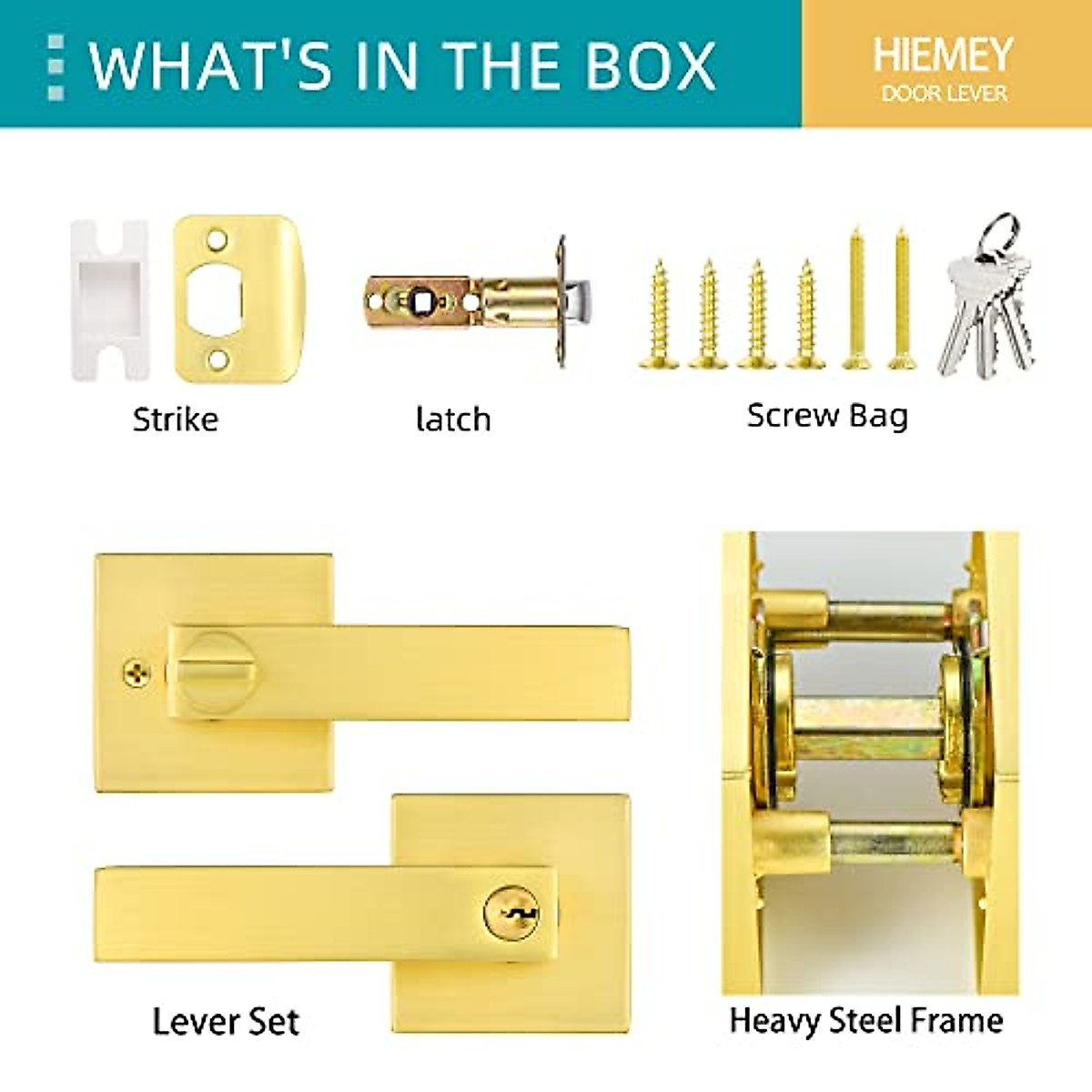 Gold Door Handles Door Knobs,Heavy Duty Modern Interior/Exterio Satin Brass Door Lever Not Keyed Alike Front Entry Door Handle wth Lock(1 Pack)