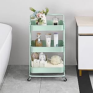 TOOLF 3 Tier Metal Rolling Cart, Utility Cart with Handle, Multifunction Storage Cart with Lockable Wheels, Serving Organizer Trolley with Mesh Basket for Kitchen, Bathroom, Office
