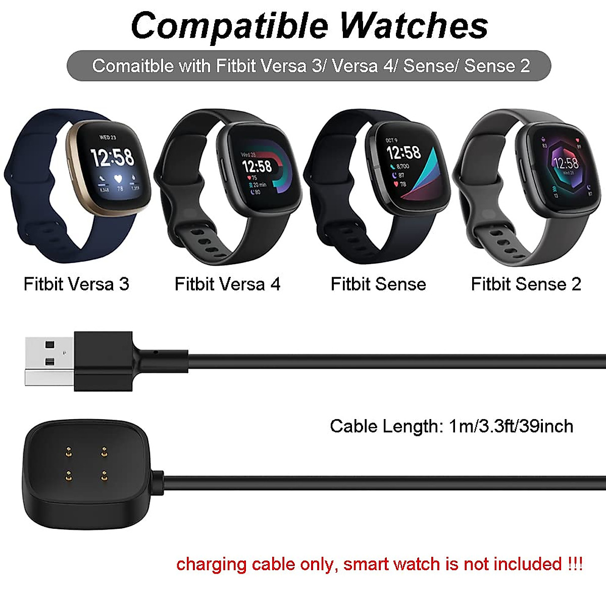 Emilydeals Charger for Fitbit Versa 3/Versa 4/Sense/Sense 2, Replacement Charging Cable Cord for Fitbit Sense/Sense 2/Versa 3/Versa 4 Smart Watch [1m/3.3ft]