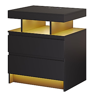 dnbss Nightstand with Wired/Wireless Charging Station, Auto LED Lighting Bedside Tables with Drawers, Night Stand with 3-Color Lights & Adjustable Brightness for Bedroom (Black)