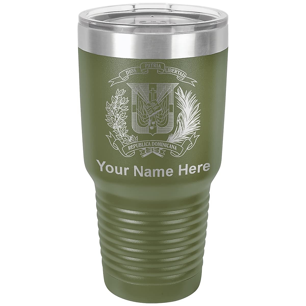 LaserGram 30oz Vacuum Insulated Tumbler Mug, Coat of Arms Dominican Republic, Personalized Engraving Included (Camo Green)