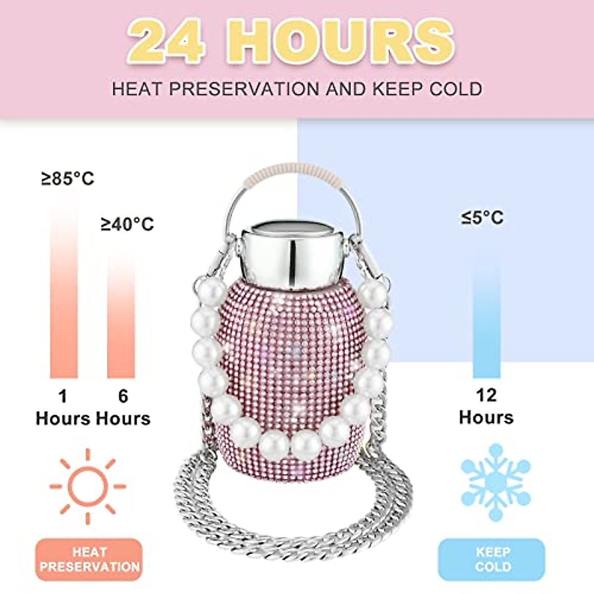 Diamond Water Bottle Bling Diamond Vacuum Flask Sparkling Glitter 7.78 OZ Bottles with Pearl Bracelet for Women Refillable Insulated Bottle Stainless (Pink)