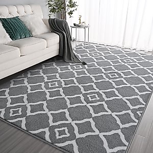 Kimicole Ultra Soft Shag Area Rug for Living Room, 4x6 Grey/White Fluffy Geometric Bedside Bedroom Rugs, Modern Moroccan Memory Foam Dorm Carpet Indoor Home Decor for Teens Girls Kids Nursery