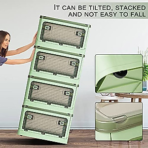 ZJTL 56 Quart Collapsible Storage Bins,Transparent Storage Bins with Wheels,Stackable Storage Bins with Lids,Plastic Storage Container with 5 Doors for Clothes, Toy, Books and Grocery (56Qt, Green)