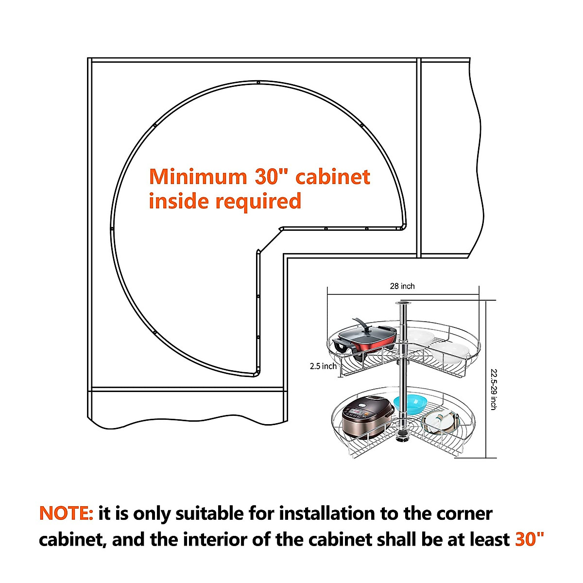 Atposh 28" Kidney Chrome Lazy Susans Kitchen Corner Cabinet Organizer (Not Cabinet Door) 270° 2 Shelf Rotating Storage Rack (28 Inch)