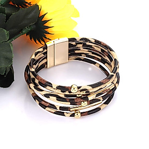 ZOLEAROPY Statement Leopard Jewelry Set For Women Multi Leopard Leather Wrap Bracelet Teardrop Leather Earrings Long Tassel Round Pendant Necklace Set