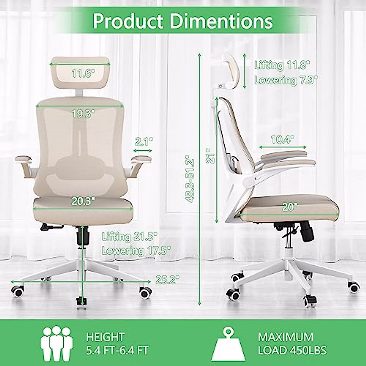 balmstar Ergonomic Office Chair, Home Office Desk Chair with Adjustable Headrest & Lumbar Support, Swivel High Back Computer Chair, Breathable Mesh Desk Chair, PU Silent Wheels, Flip-Up Arms (Khaki)