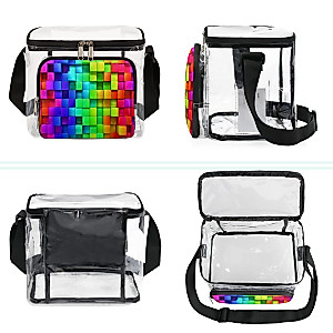 bisibuy Rainbow Box Pattern Clear Lunch Bag Stadium Approved PVC Plastic See Through Lunch box with Adjustable Strap for Sports Events Concerts Office