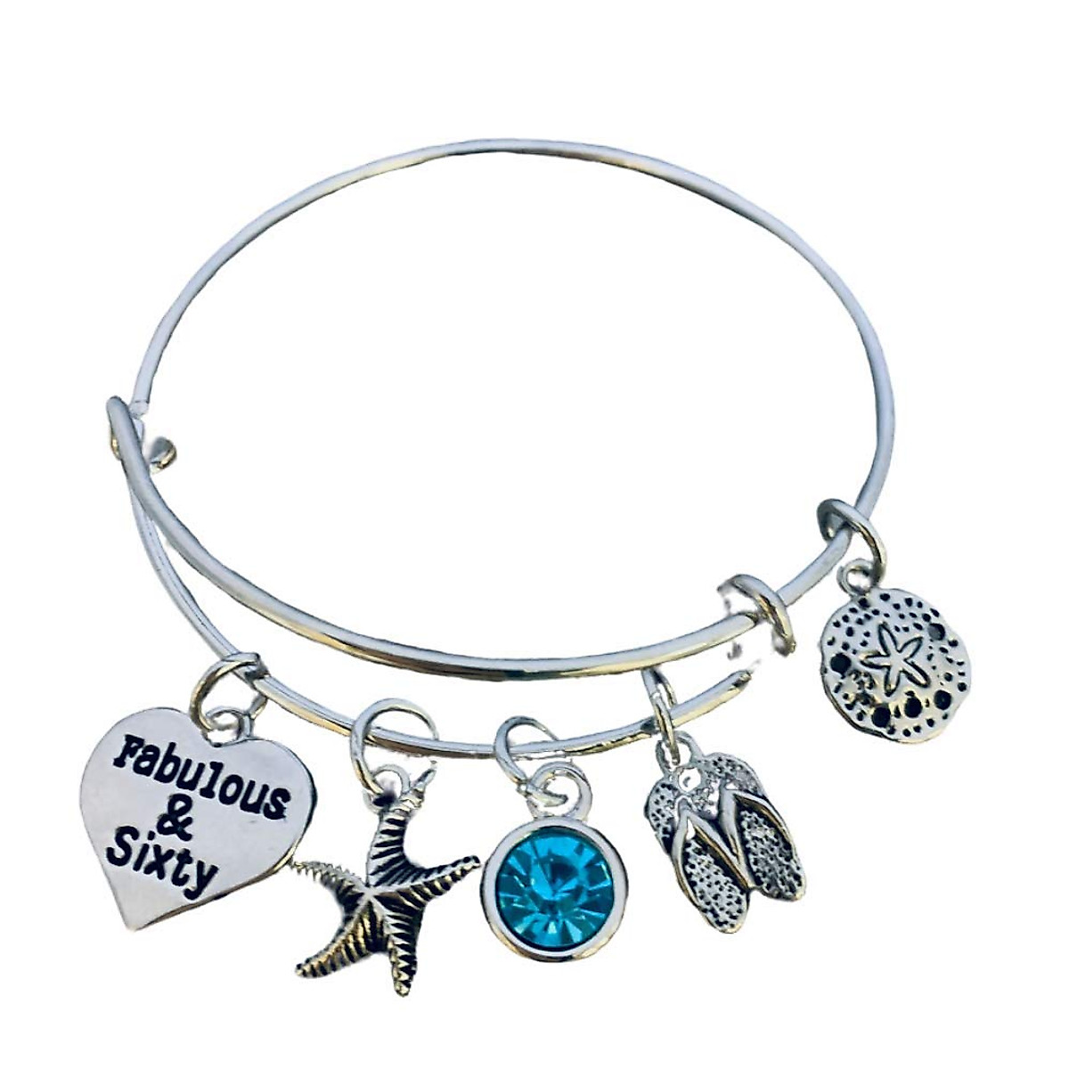 Infinity Collection Birthday Charm Bangle Bracelet, Silver Plated Nautical Beach Jewelry, Birthday Gift for Beach Women (60th)