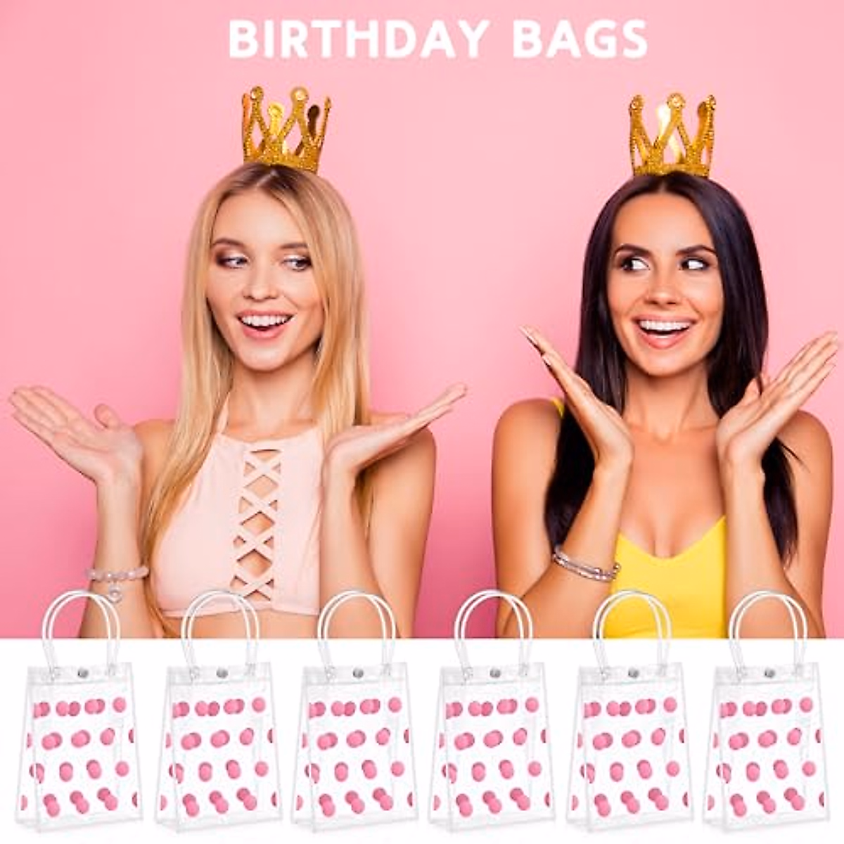 Silkfly 24 Pcs Clear Gift Bag with Handles Wedding Reusable Plastic Small Gift Bag with Polka Dot PVC Gift Wrap Bag for Party Favor Christmas Wedding Birthday(5.9 x 7.9 x 2.8 Inch,Pink)