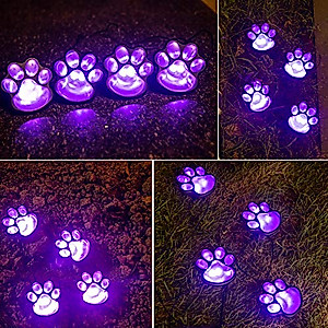 Obrecis Solar Lights Paw Print Outdoor Christmas Decoration, Dog Puppy Animal Cat Paw Path Purple Lights, Garden Lamp for Landscape Walkway Yard, Set of 4(Purple)