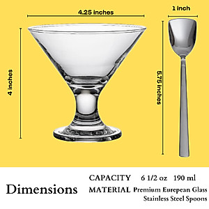 Glasia Set of 4 Glass Ice Cream Bowls and 4 Stainless Steel Spoons | Small Dessert Cups for Parfait Sundae Snacks Fruit | Mini Sorbet Glasses | Footed Trifle Tasters with Spoon for Parties