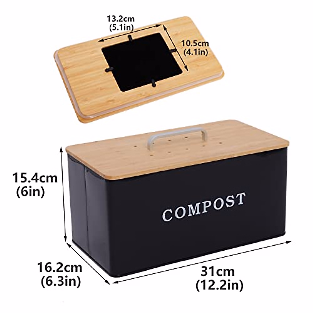 Gdfjiy Compost Bin Kitchen, Indoor Compost Bucket, Rectangle Compost Bin with Wooden Lid, 2 Gallon Capacity for Home Compost Tumbler, Kitchen Waste Garbage Can, Includes 4 Charcoal Filters (Black)