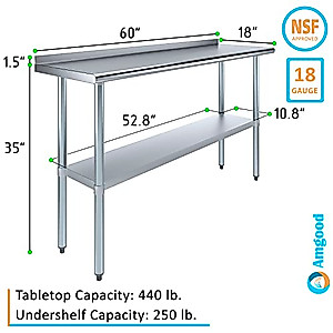 AmGood 18" X 60" Stainless Steel Work Table with 1.5" Backsplash | Metal Kitchen Food Prep Table | NSF