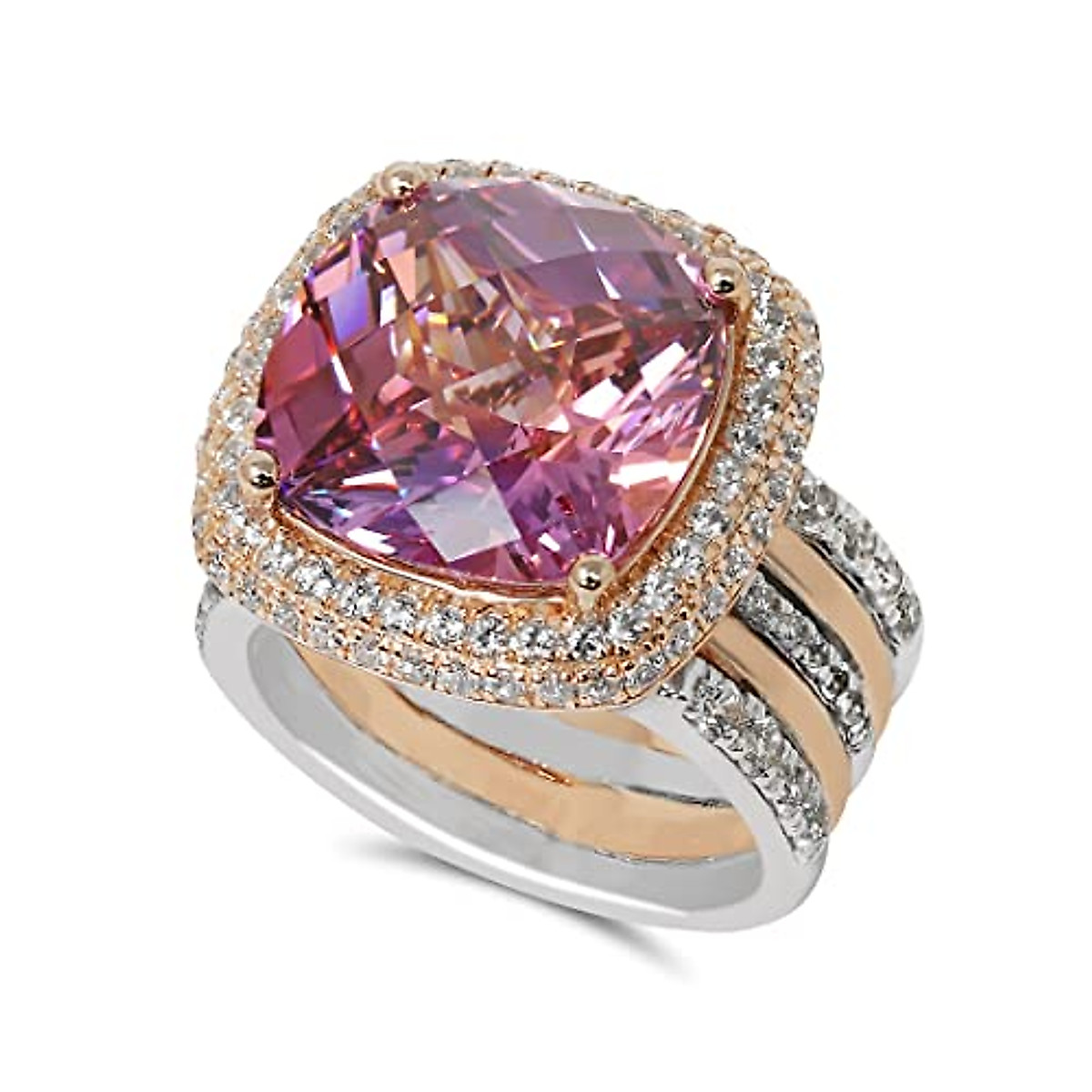 ORO LEONI Cushion Cocktail Two Tone Ring in 925 Sterling Silver, Rose Gold, White and Pink