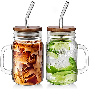 DRASTAR Mason Jar Cups with Lids and Straws, 16oz Mason Jar with Handle, Glass Cups with Acacia Wood Lids, Mason Jar Drinking Glasses Cups Set of 2